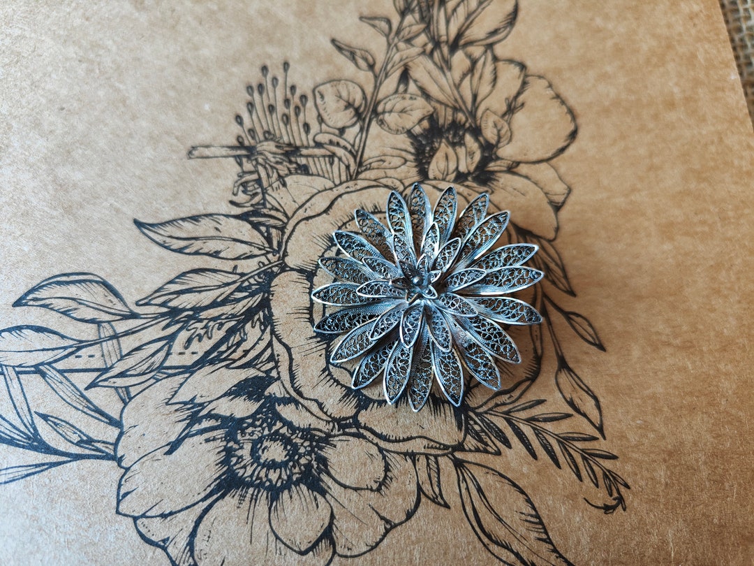 Old Filigree Silver Flower Brooch , Made in Portugal of 835 Silver ...
