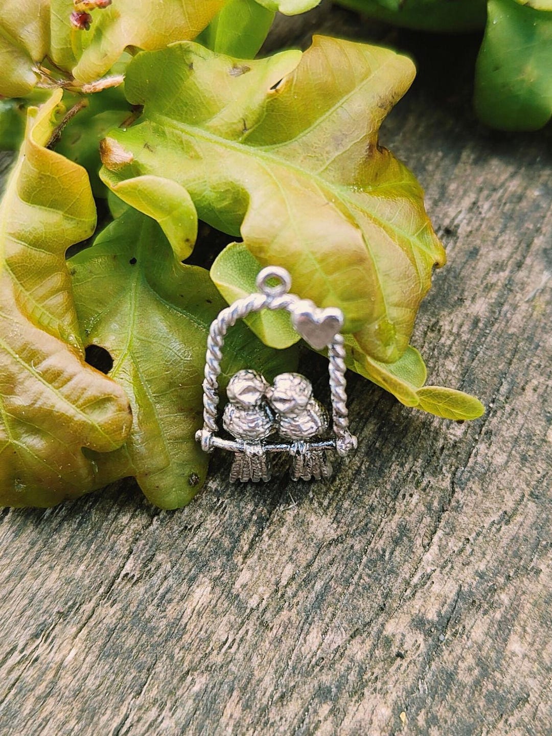 Vintage Silver Love Birds Charm: Two Birds on Swing With Heart - Etsy