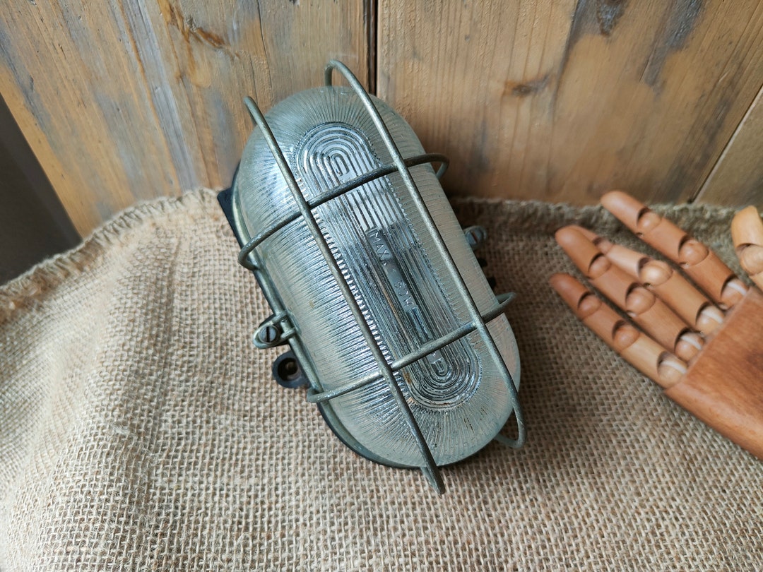 Vintage Bullseye Light Metal Cage Over Thick Glass Shade and Ebonite ...