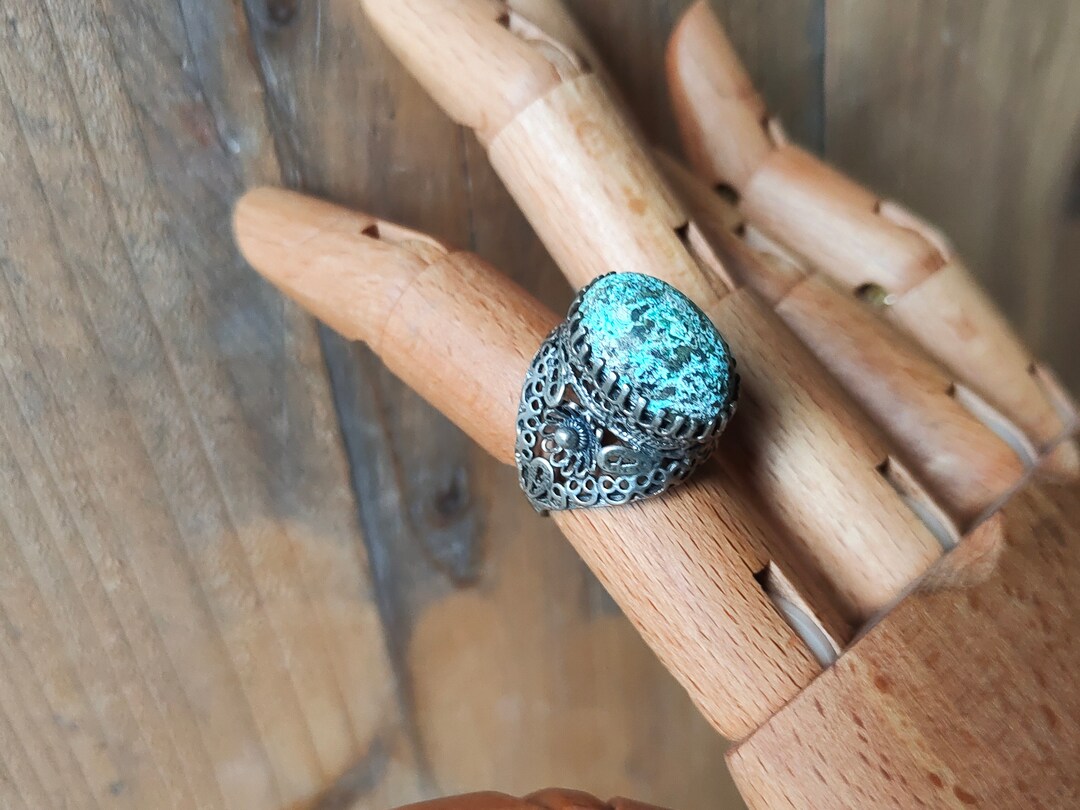 Amazing Silver Filigree and Oval Eilat Stone Statement Ring, Adjustable ...