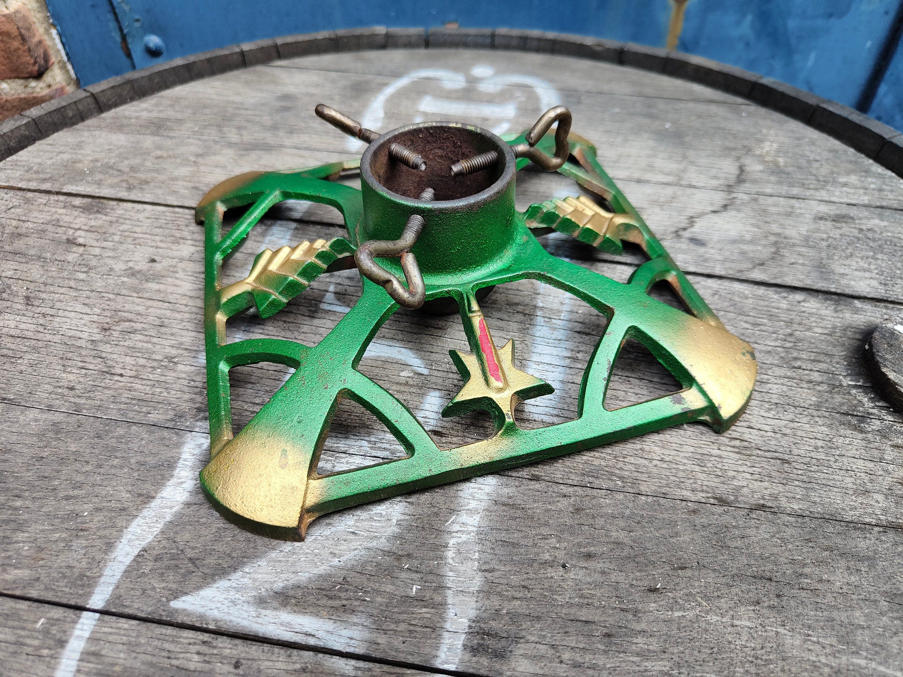 Old Small Christmas Tree Stand , Cast Iron Green With Some Gold and Red ...