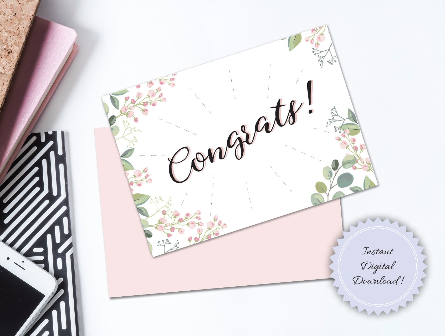 Printable Congrats Card Design, Delicate Flowers, Congratulations Card ...