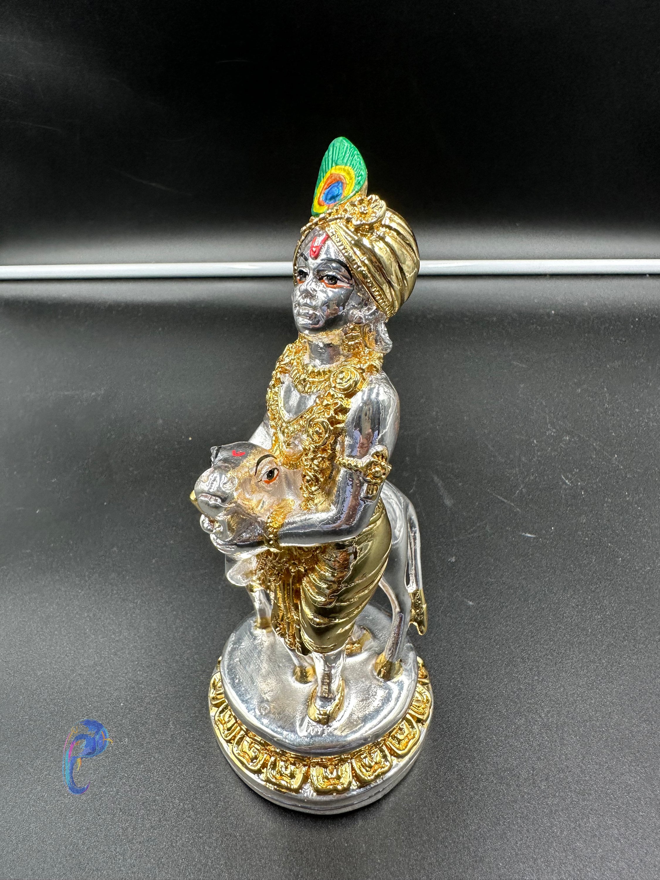 Silver Krishna Idol/ Puja Idol/ Lord Krishna/ Flute/ Enamel Paint Idol ...