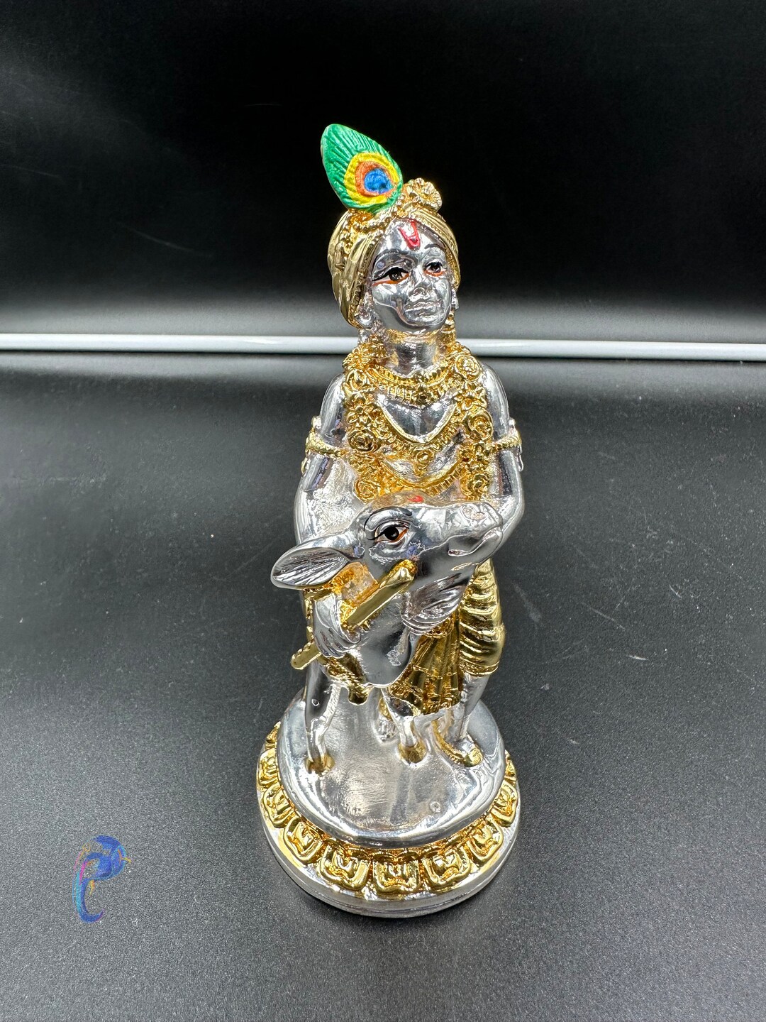 Silver Krishna Idol/ Puja Idol/ Lord Krishna/ Flute/ Enamel Paint Idol ...