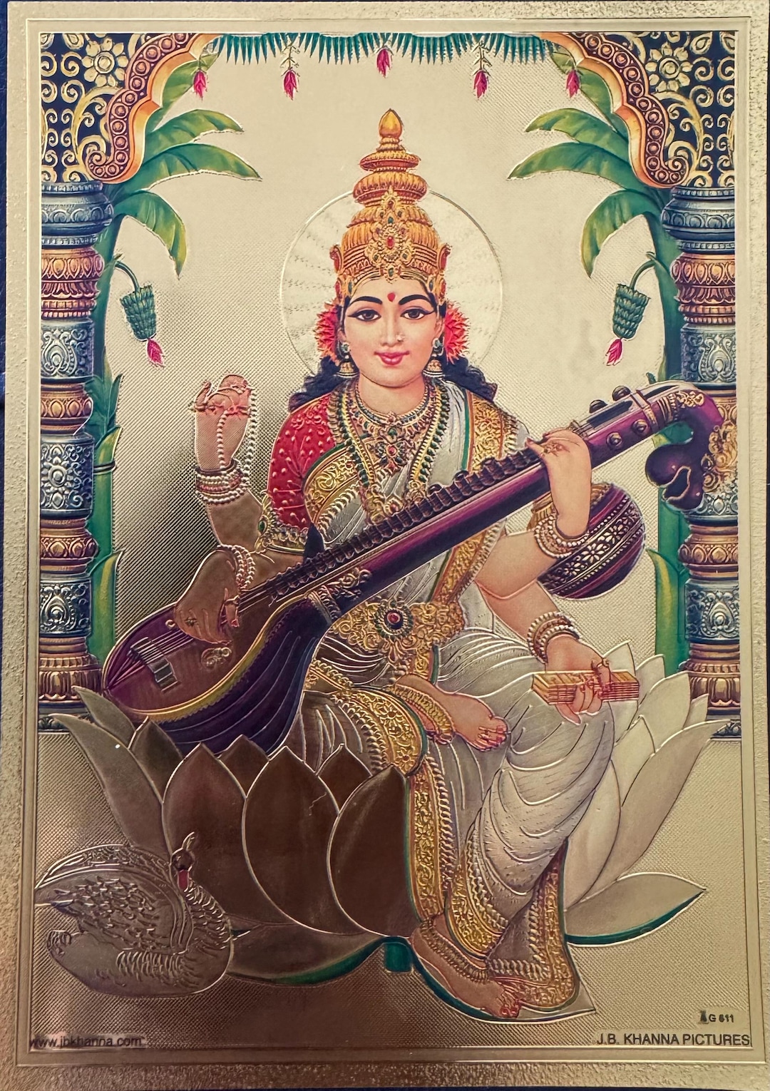 Picture/ Saraswathi Devi/ Veena/ Gold Foil Picture/ Puja Item/ Gifting ...