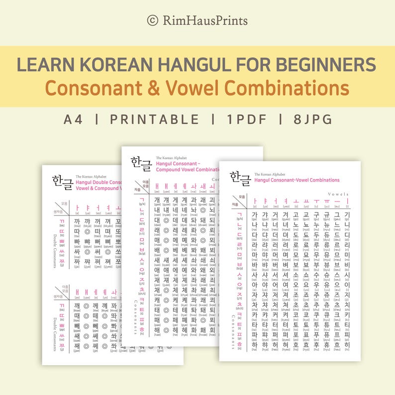 Hangul Korean Alphabet,consonant & Vowel Combinations,learn Korean for ...