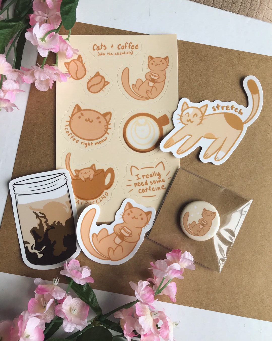 Cat & Coffee Sticker and Pin Set Die Cut Stickers Sticker Sheet ...