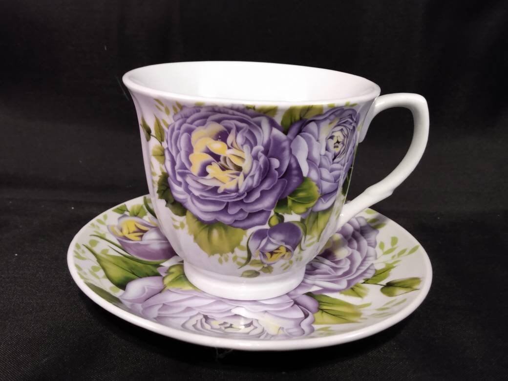 China Purple Rose Teacup and Saucer Cabbage Rose - Etsy