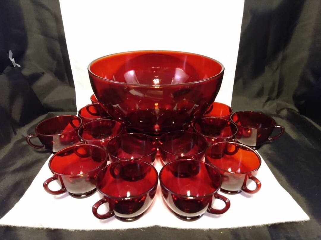 Royal Ruby Punch Bowl With Base and 14 Cups Anchor Hocking Circa 1960s ...