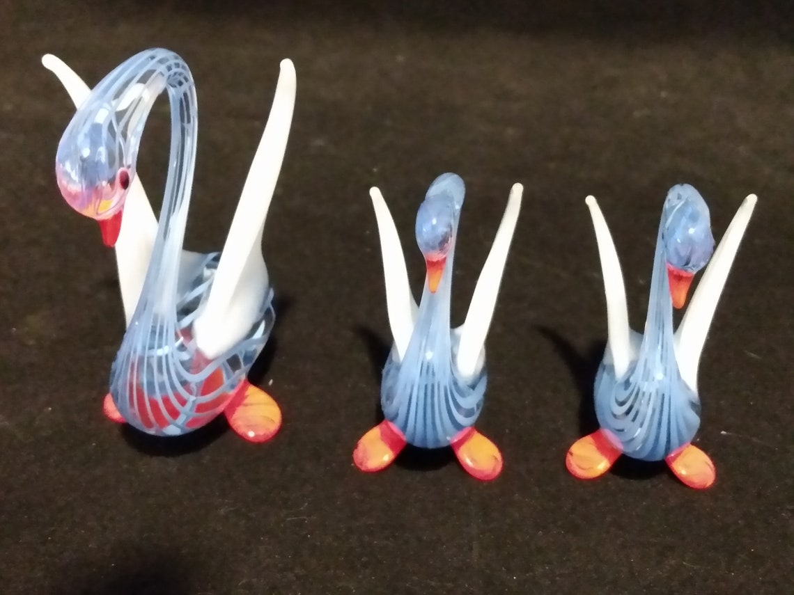 Swan Family Trio of Miniature Blown Glass Swans in Periwinkle | Etsy