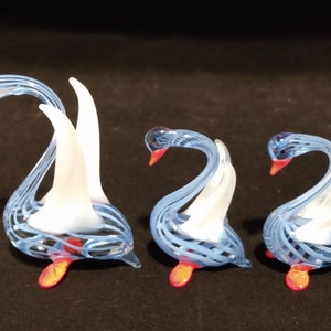 Swan Family Trio of Miniature Blown Glass Swans in Periwinkle and White ...