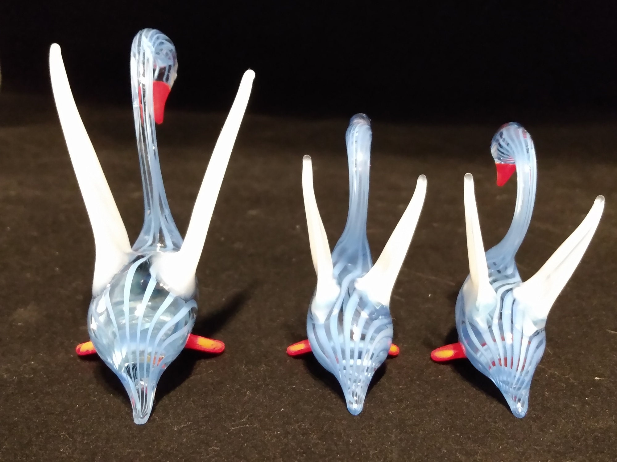 Swan Family Trio of Miniature Blown Glass Swans in Periwinkle and White ...