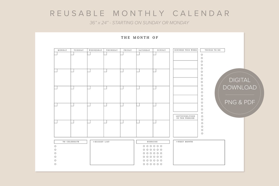 Reusable Month Printable Calendar | Digital Download - Etsy