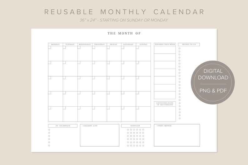 Reusable Month Printable Calendar | Digital Download - Etsy