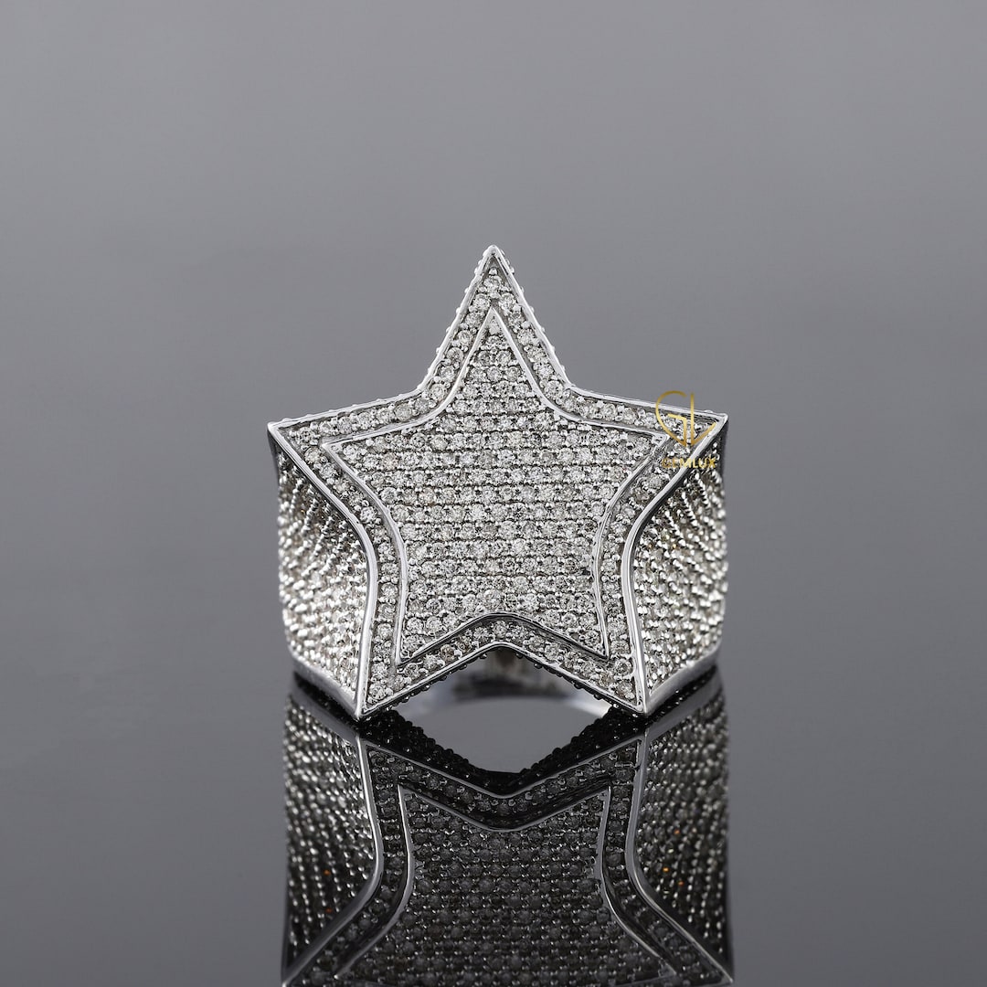 Iced Out Ring, Star Shaped Ring, Certified Round Natural Diamond Ring ...