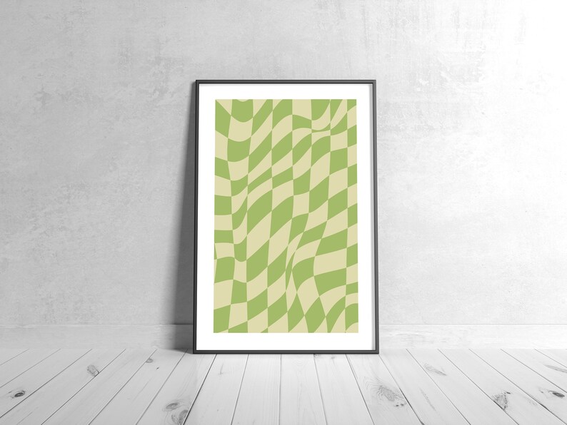 Funky Checkered Wavy Retro Digital Art Print Green and Yellow | Etsy
