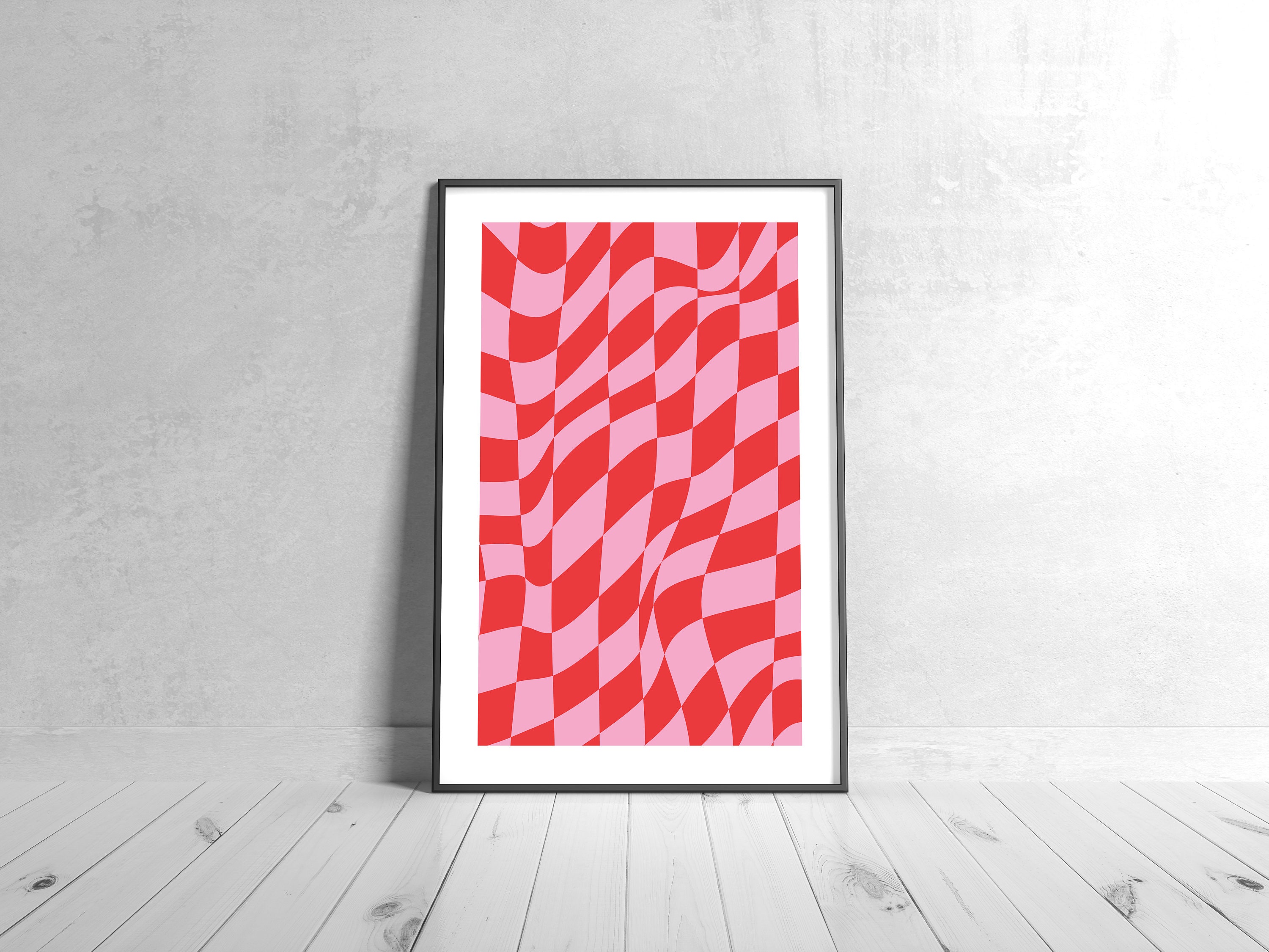 Funky Checkered Wavy Retro Digital Art Print Red and Pink Printable ...