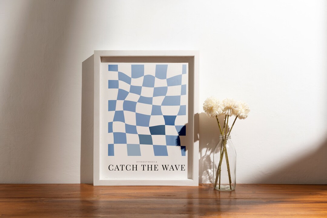 Funky Checkered Wavy Retro Digital Art Print Hues of Blue and White ...