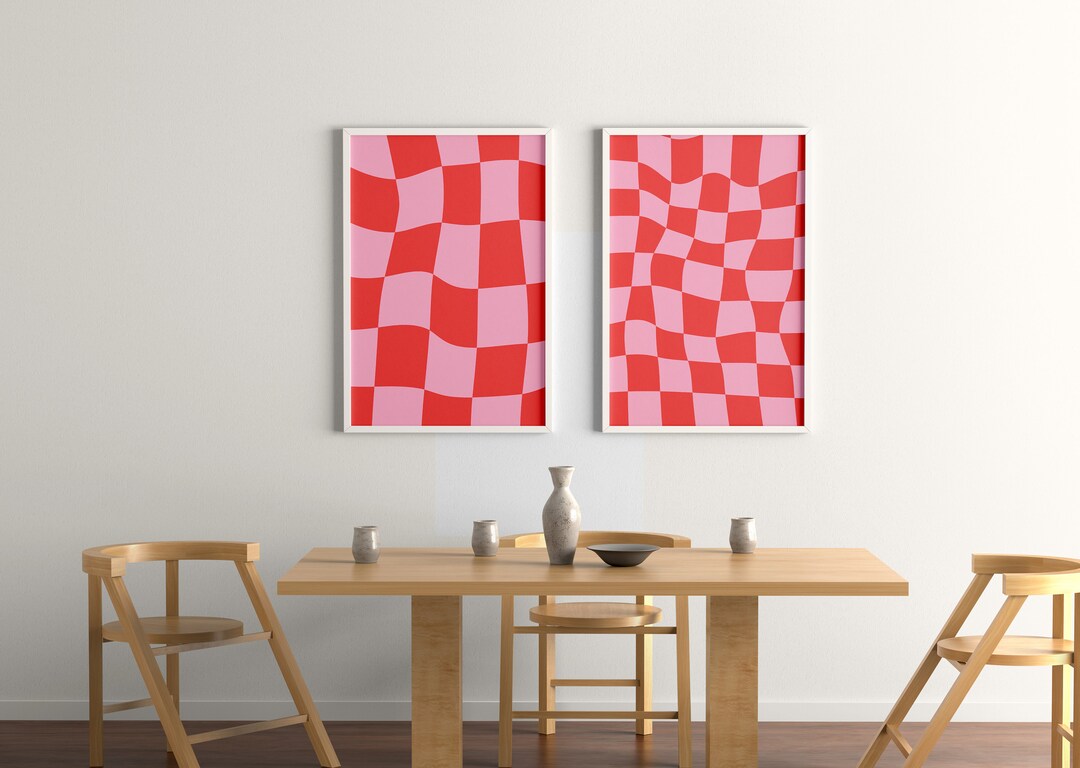 Funky Checkered Wavy Retro Digital Art Print Red and Pink Printable ...