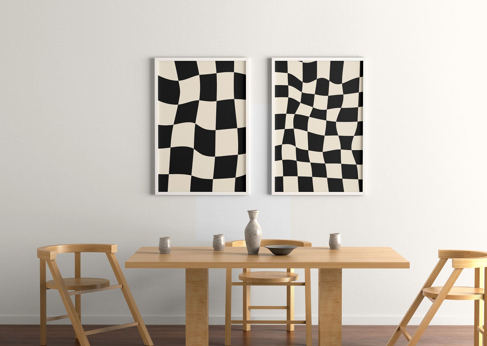 Funky (large Squares) Checkered Wavy Black & Cream Wall Art Trendy ...