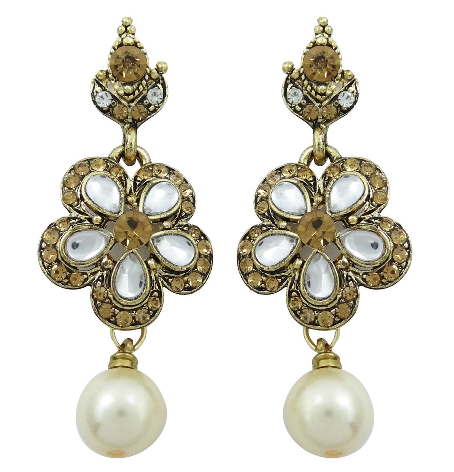 Traditional Imitation Pearl And Cubic Zirconia Oxidized Gold Pendant Necklace Earrings Set