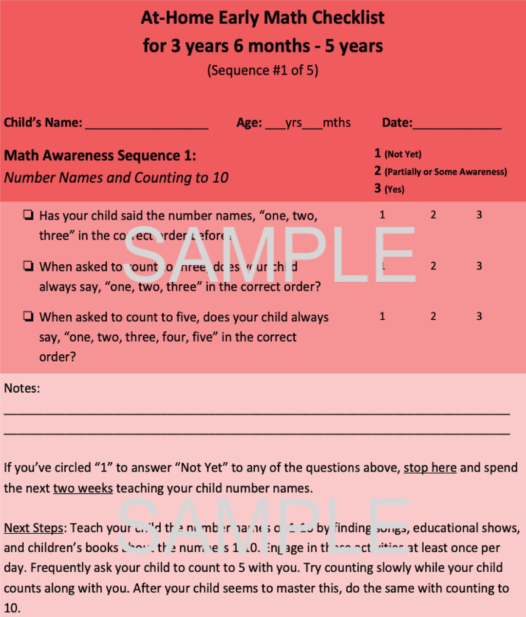 At Home Preschool Math Checklist Sequence 1 - Etsy