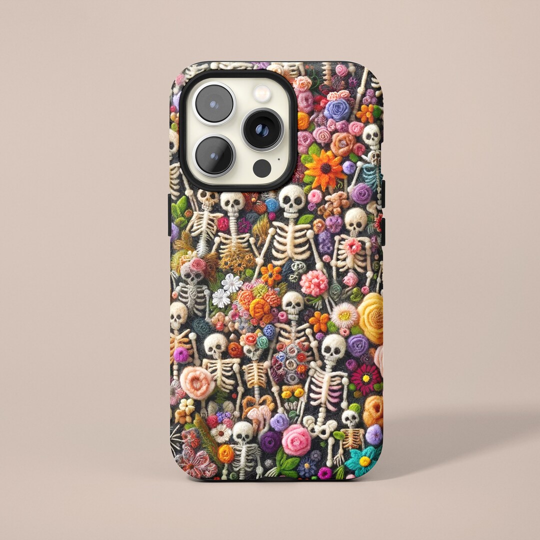Floral Skeleton Graveyard 3D Embroidered — iPhone 15 14 13 12 11 Mini ...