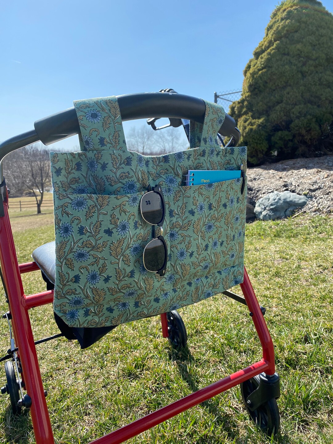 Walker Caddy, Green Floral Walker Tote Bag, Wheelchair or Rollator Bag ...