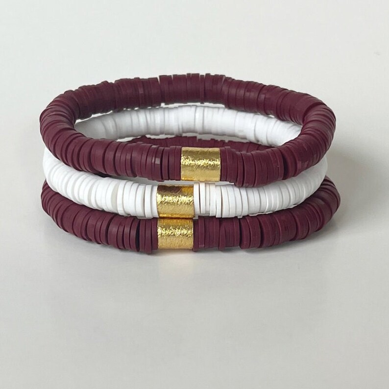 GAME DAY Maroon and White Heishi Bracelet Stack | Maroon White Wood ...