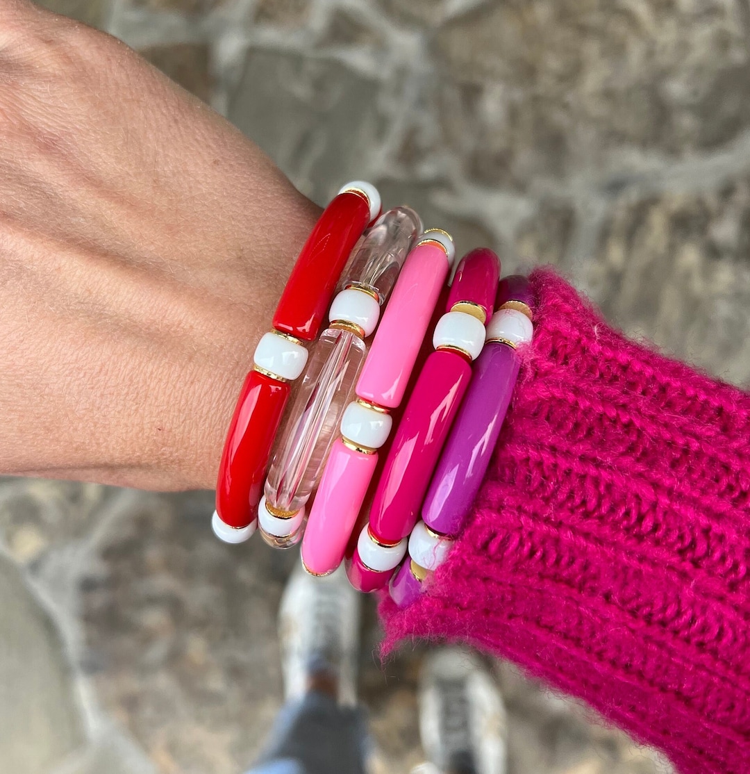 Pink and Red Acrylic Tube Bead Bracelet | Beaded Arm Party Stack ...