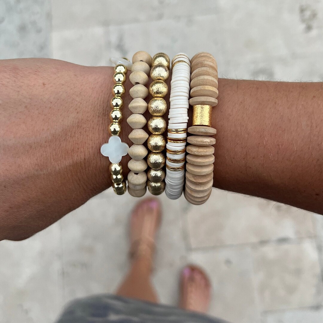 Woodlands Stack | Heishi Clay Bracelet Stack, Gold, Wood Beads, Mother of Pearl | Mother's Day ...
