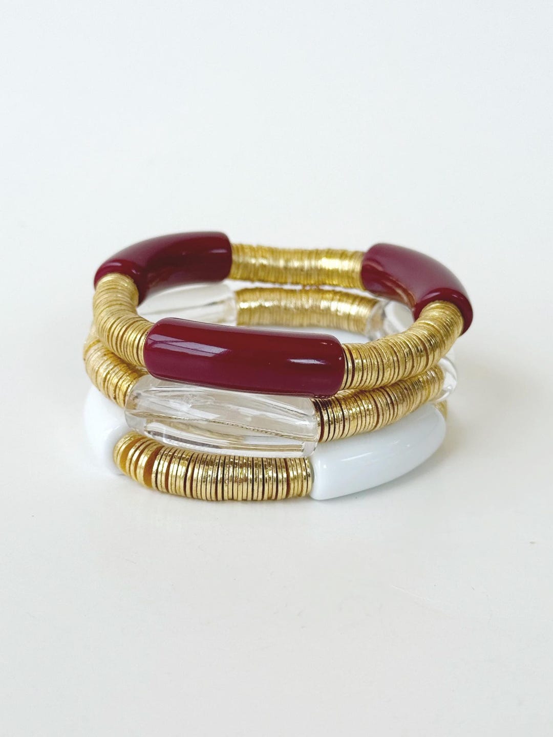 Maroon and White Acrylic and Gold Bracelet Stack, Maroon White Acrylic ...