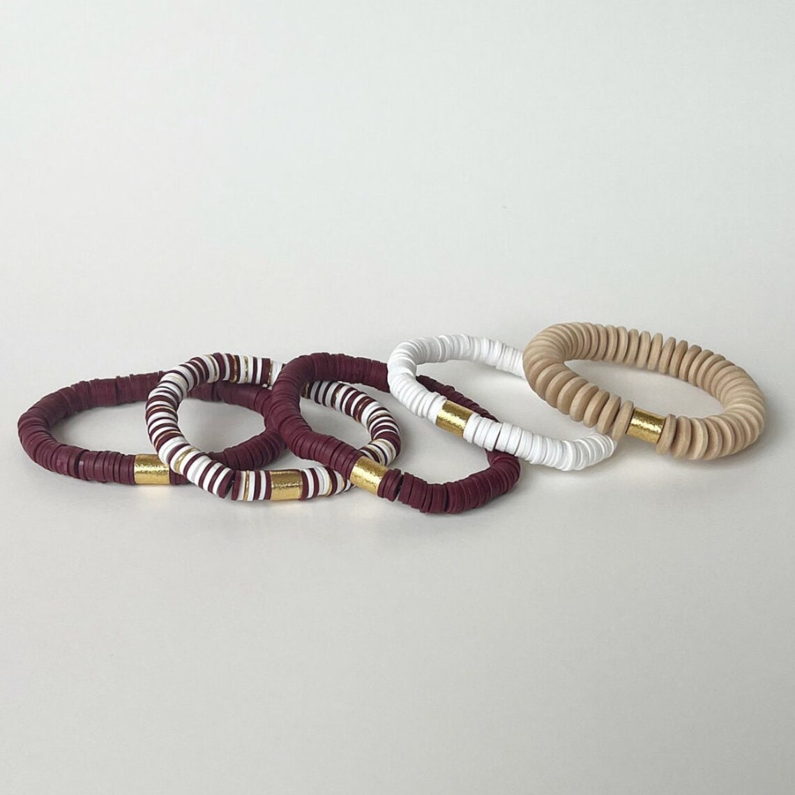 GAME DAY Maroon and White Heishi Bracelet Stack | Maroon White Wood ...
