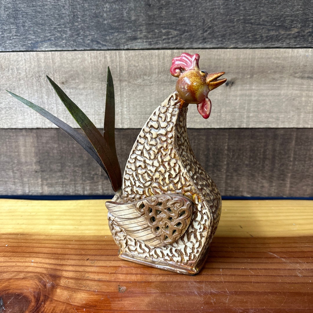 Brown Chicken Rooster Ceramic Figure With Metal Tail - Etsy