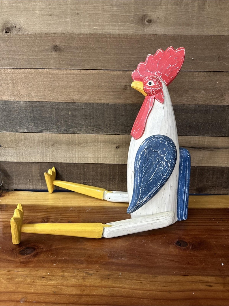 VTG Carved Wooden ROOSTER Chicken Hand-painted Hinged Joint Shelf ...