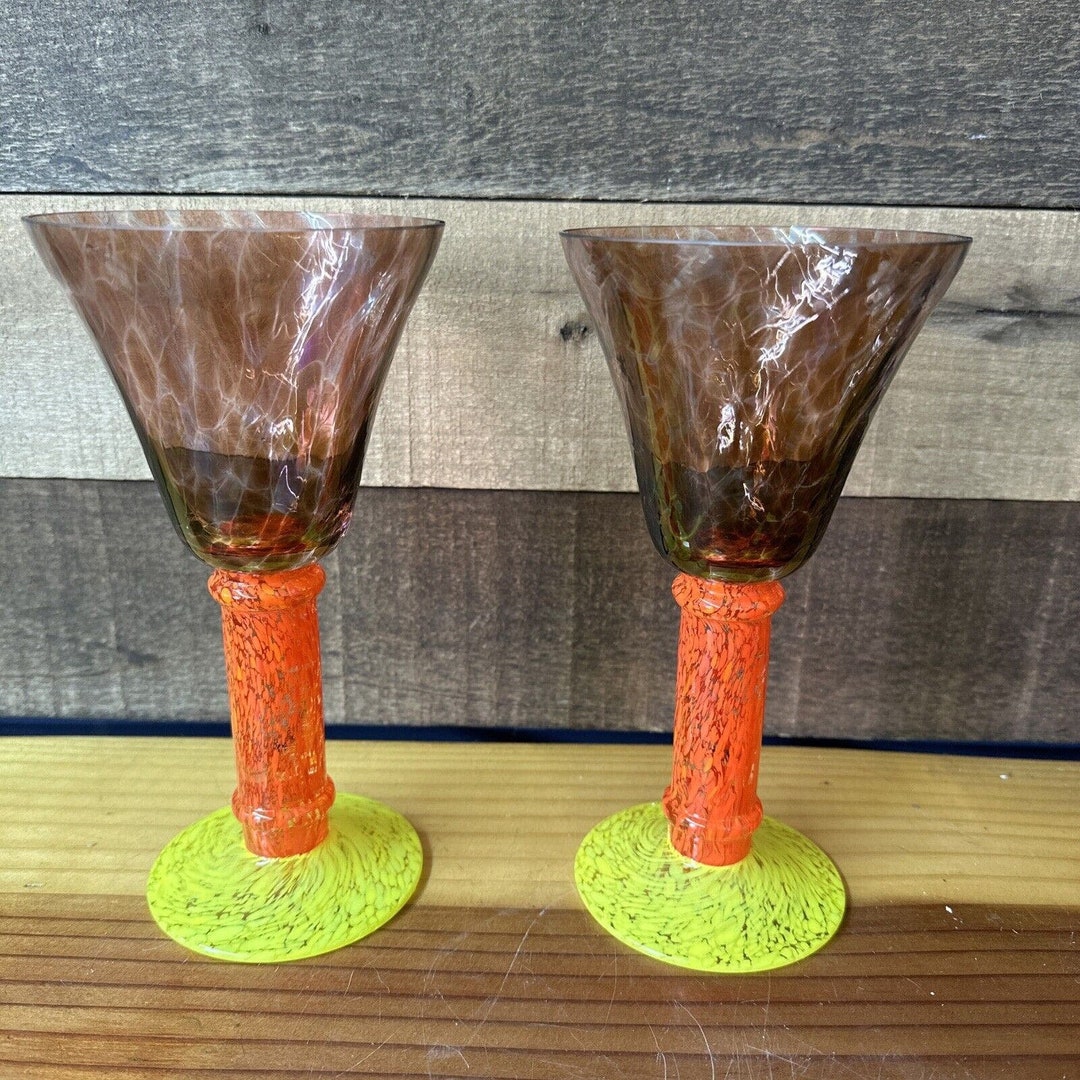 Colorful Art Glass Rare Goblets Set of 2 Orange Yellow Purple - Etsy