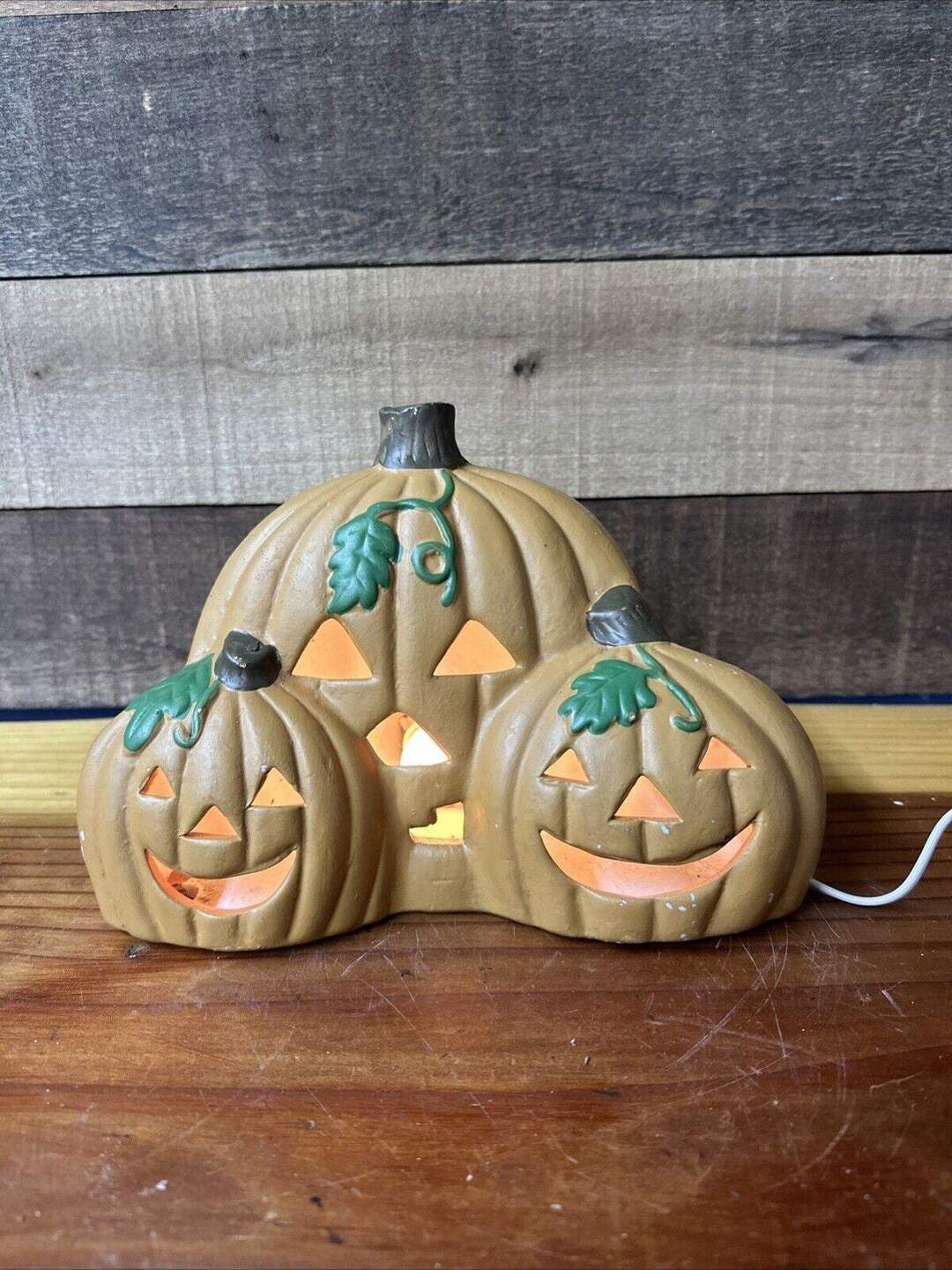 Vintage Lighted Pumpkin Ceramic Trio Jack O Lantern Spooky Lamp ...