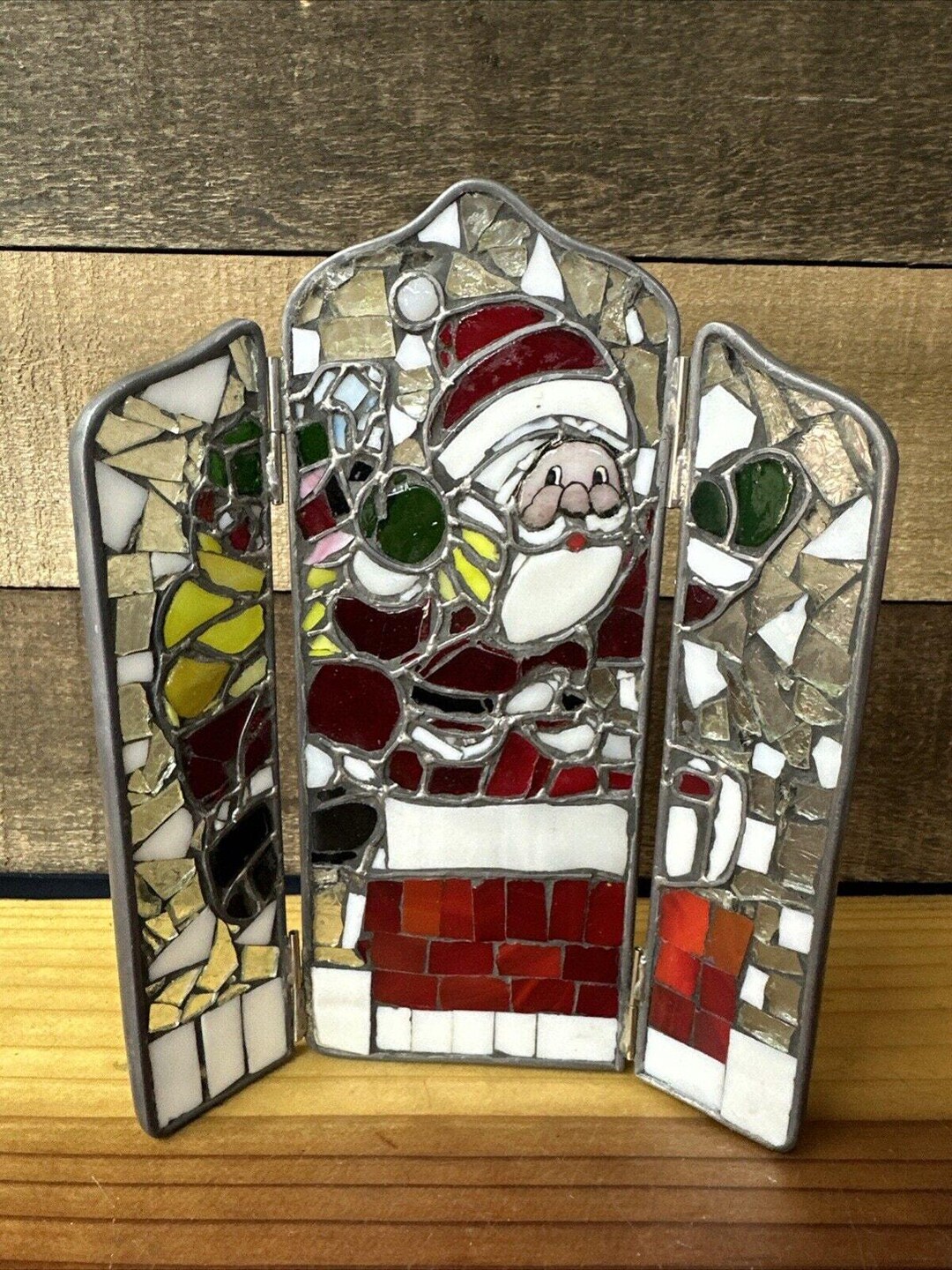 Vintage Leaded Stained Glass Suncatcher Tri Fold Hinged Shelf Standing ...