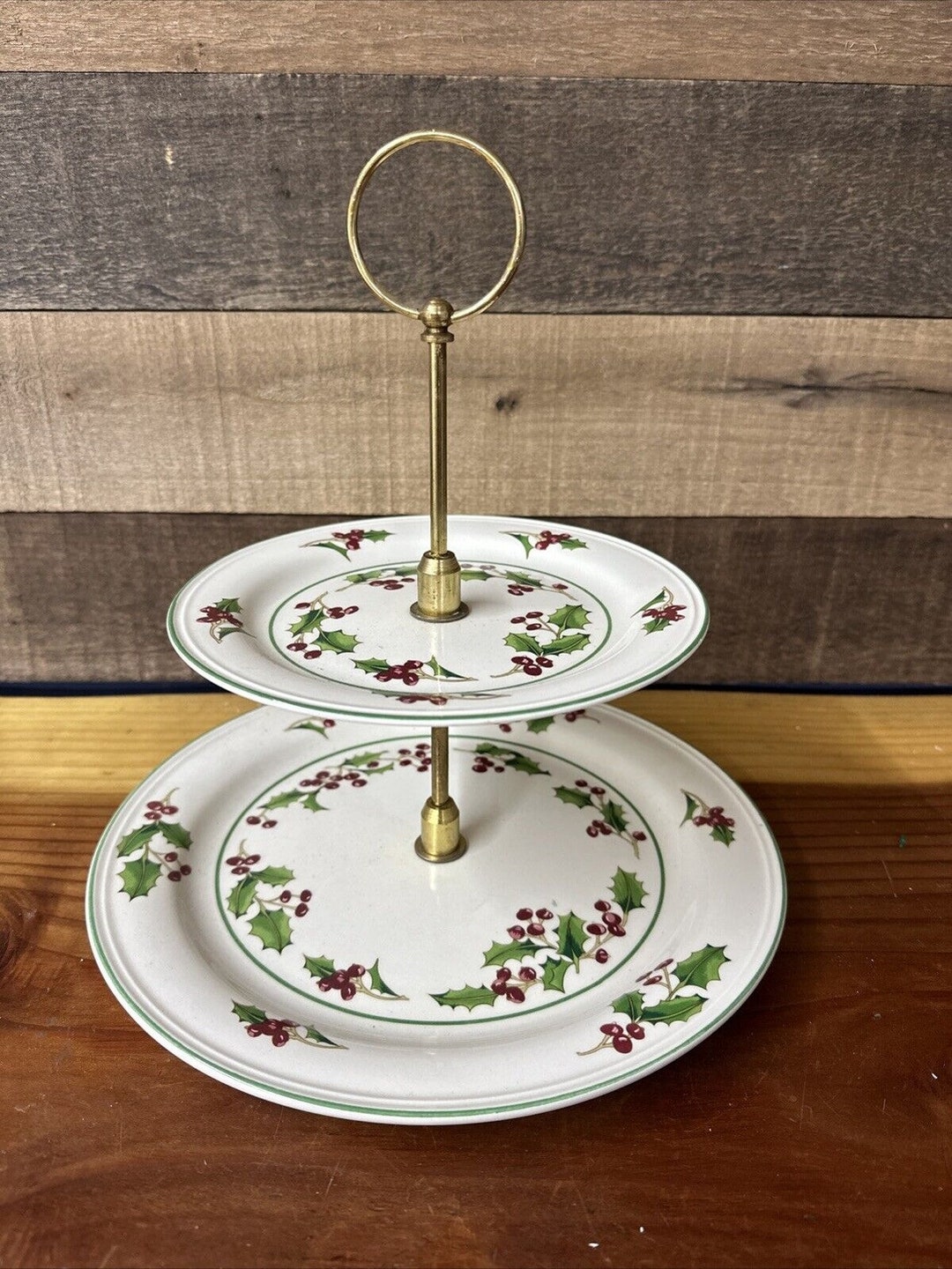 Sango White Christmas Two Tier Tray Cookie Cupcake Display Holly ...
