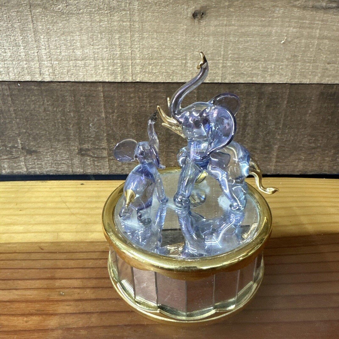 Elephants Trunks up Mirror Music Box Carousel Blown Glass Rotating 6 ...