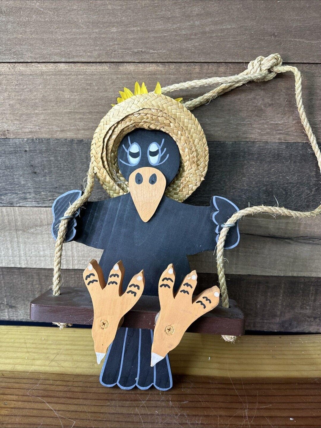 Wooden Crow in Straw Hat on Swing Outside Decor - Etsy