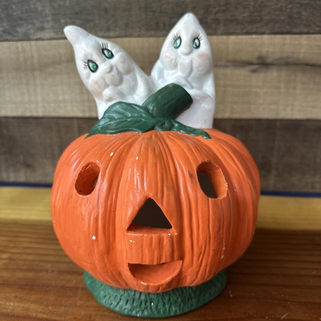 Vintage Solid Chalkware Plaster Pumpkin With Ghosts Needs Touch Up - Etsy