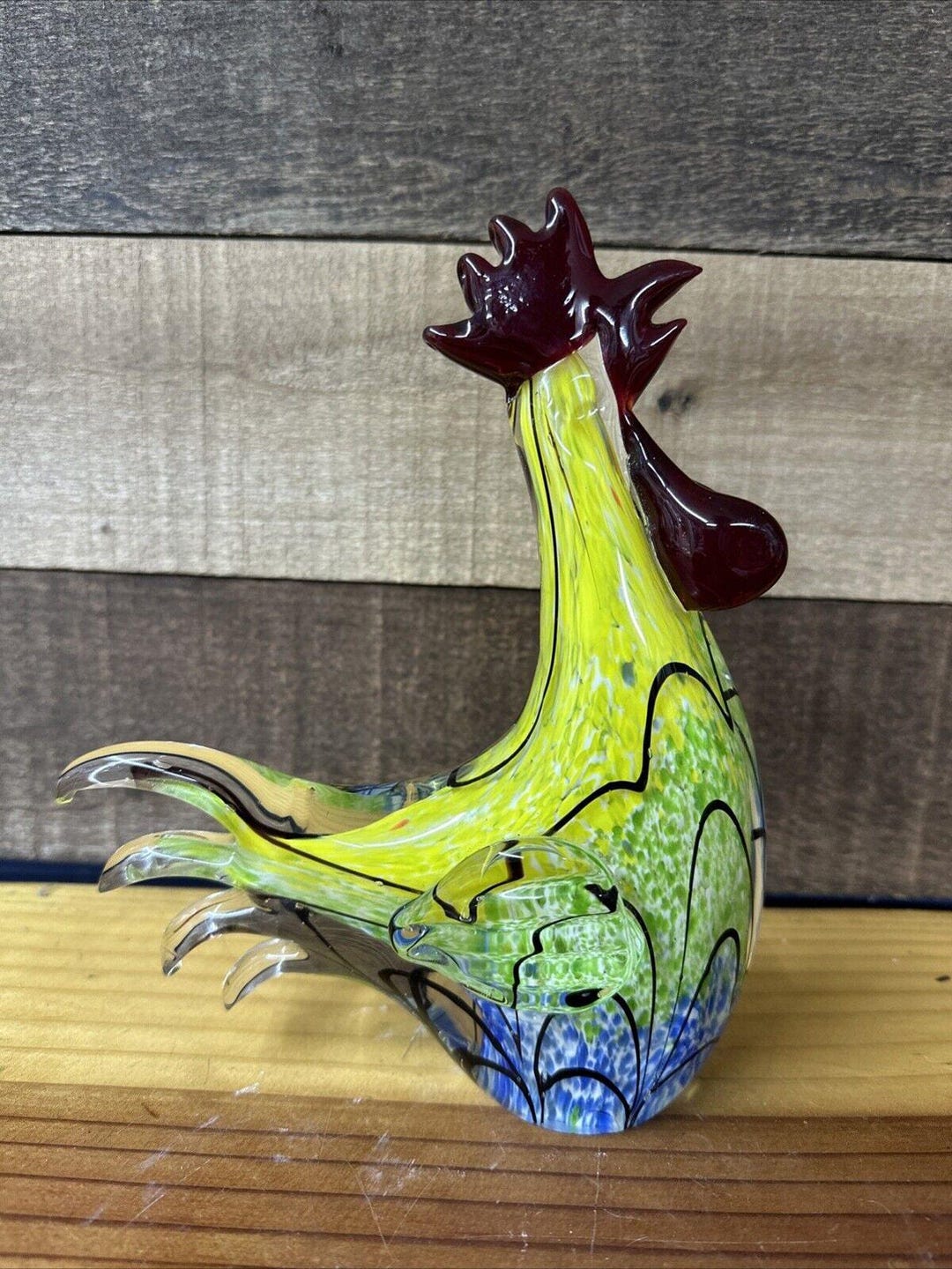 8 Inch Murano Style Art Glass Handblown Rooster in Red, Yellow & Green ...