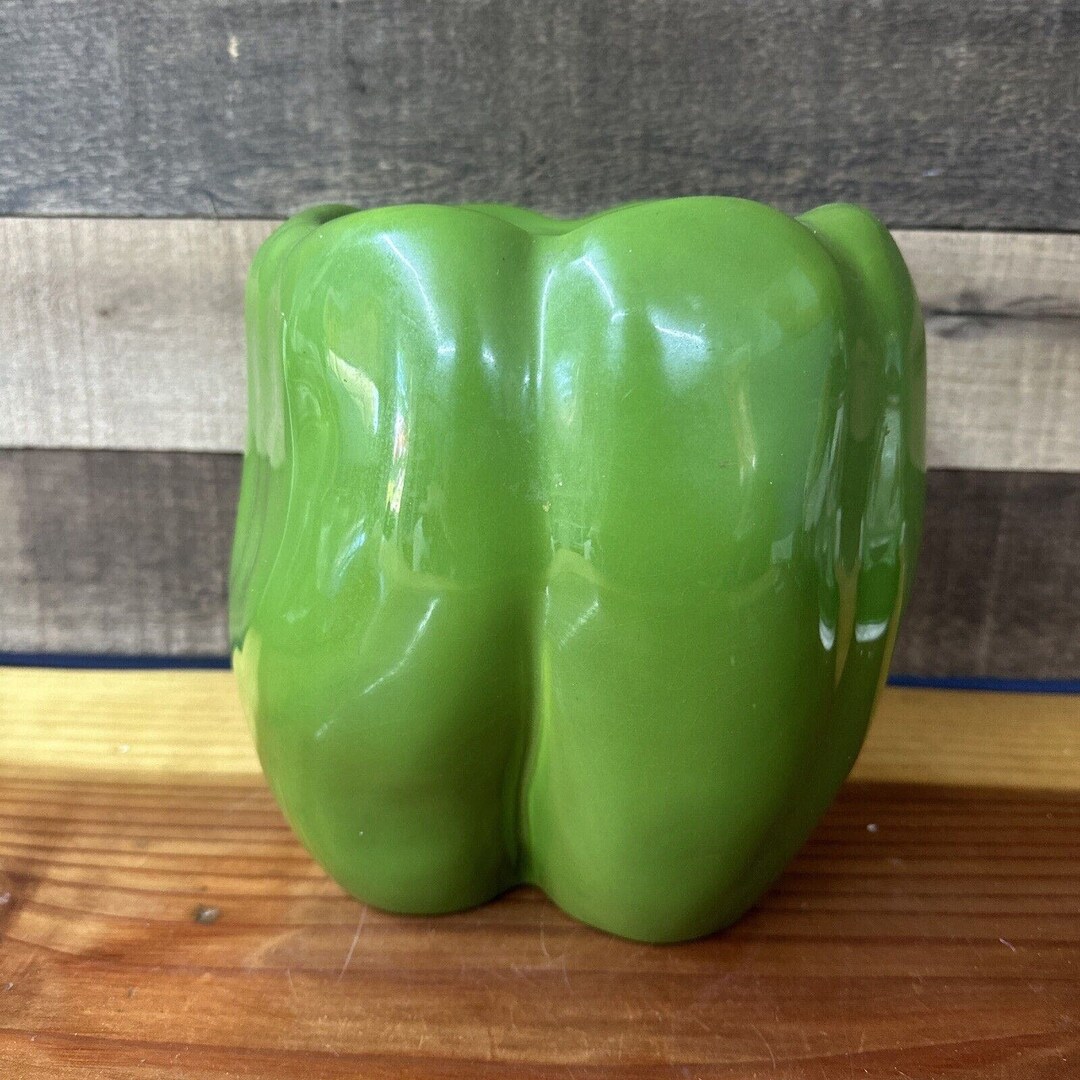 Vintage Art Pottery Green Bell Pepper Cookie Jar Ceramic Unique -no Lid ...