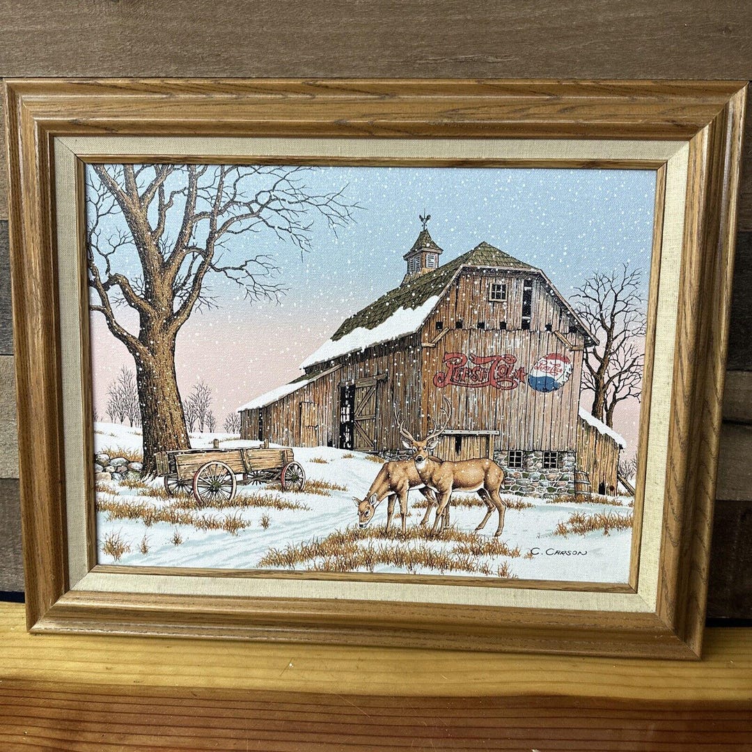 Signed Carson Pepsi-cola Snowy Barn Buck Deer Folk Art Oil Canvas W/coa ...