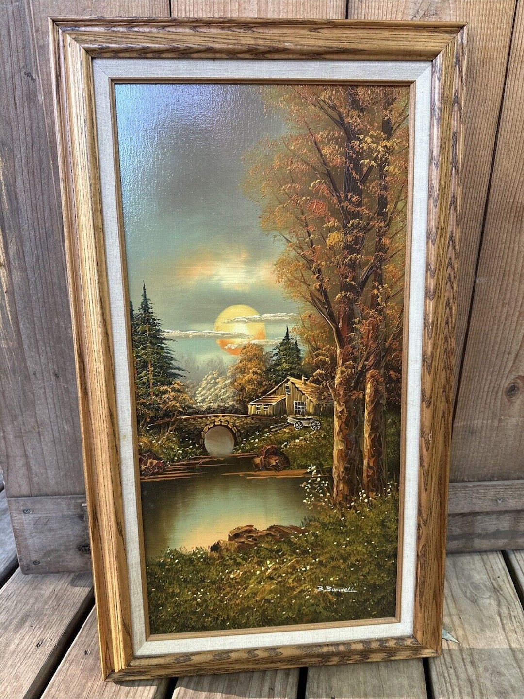 Cabin in the Woods Sunset Oil Painting Framed 28x16 Signed Bill Boswell ...