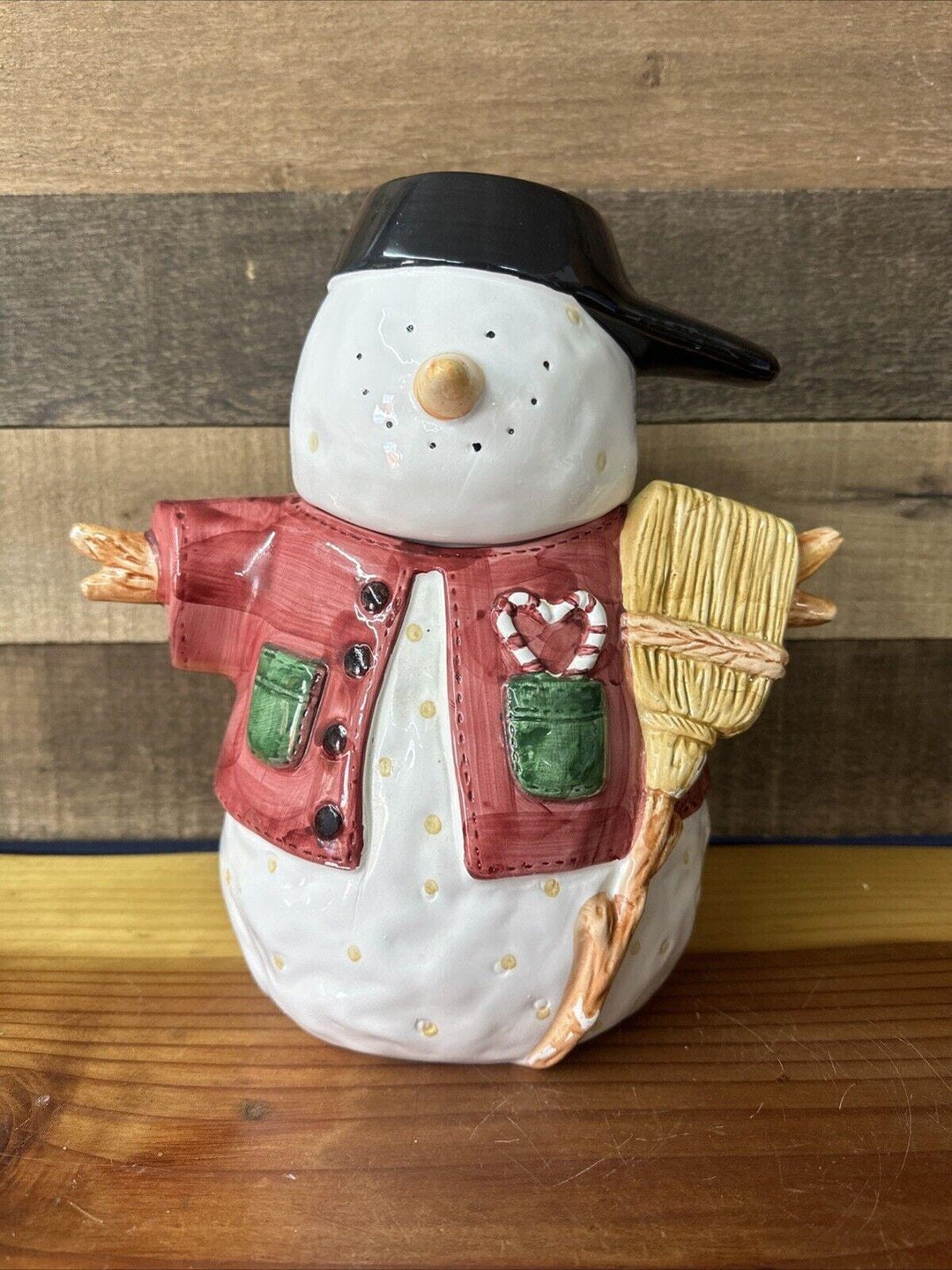 Snowman Broom Stick Cookie Jar Vintage Retired 1997 Debbie Mumm Sakura ...