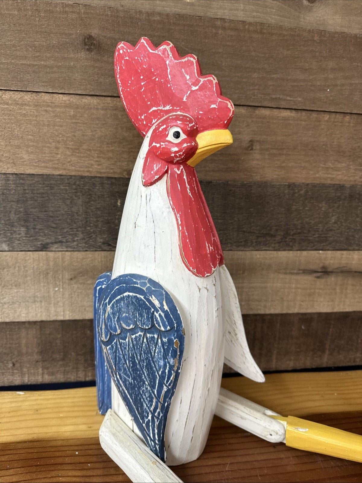 VTG Carved Wooden ROOSTER Chicken Hand-painted Hinged Joint Shelf ...