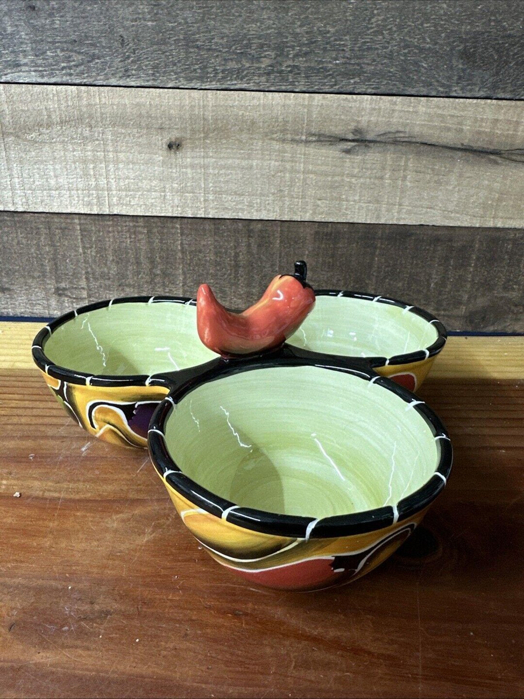 Clay Art Condiment Bowls 3 Section Jalapeño Handle Salsa Chili Pepper ...