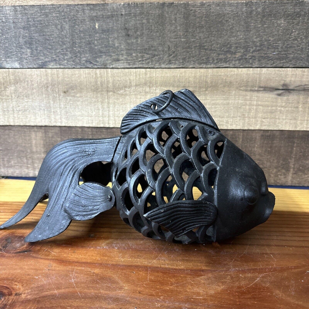 Vintage Heavy Cast Iron Koi Fish Goldfish Hanging Candle Lantern Holder ...